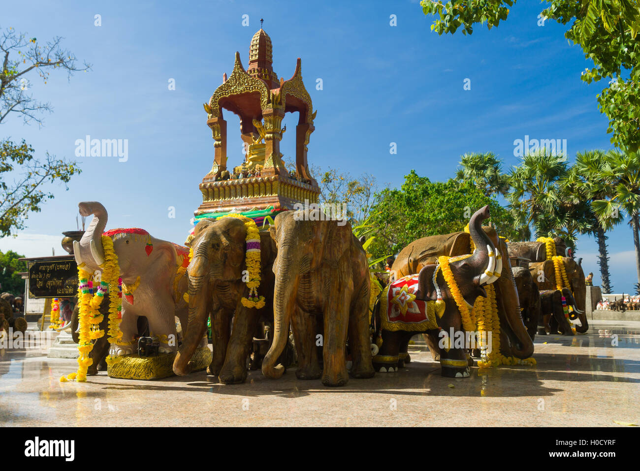 Elephants at the Phuket lighthouse temple Prom THep Stock Photo - Alamy
