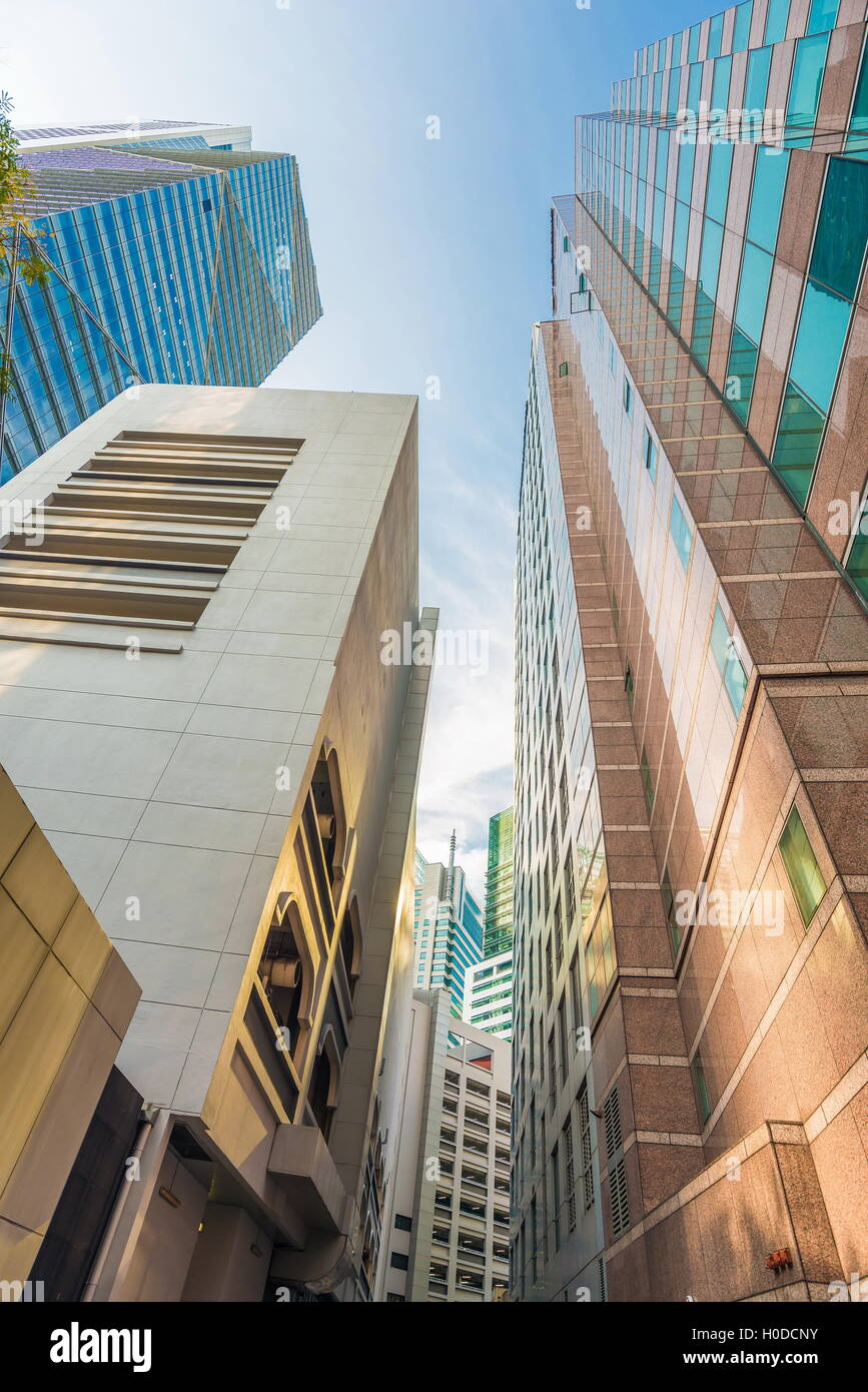 Modern glass city buildings during sunny day. Low angle shot Stock ...