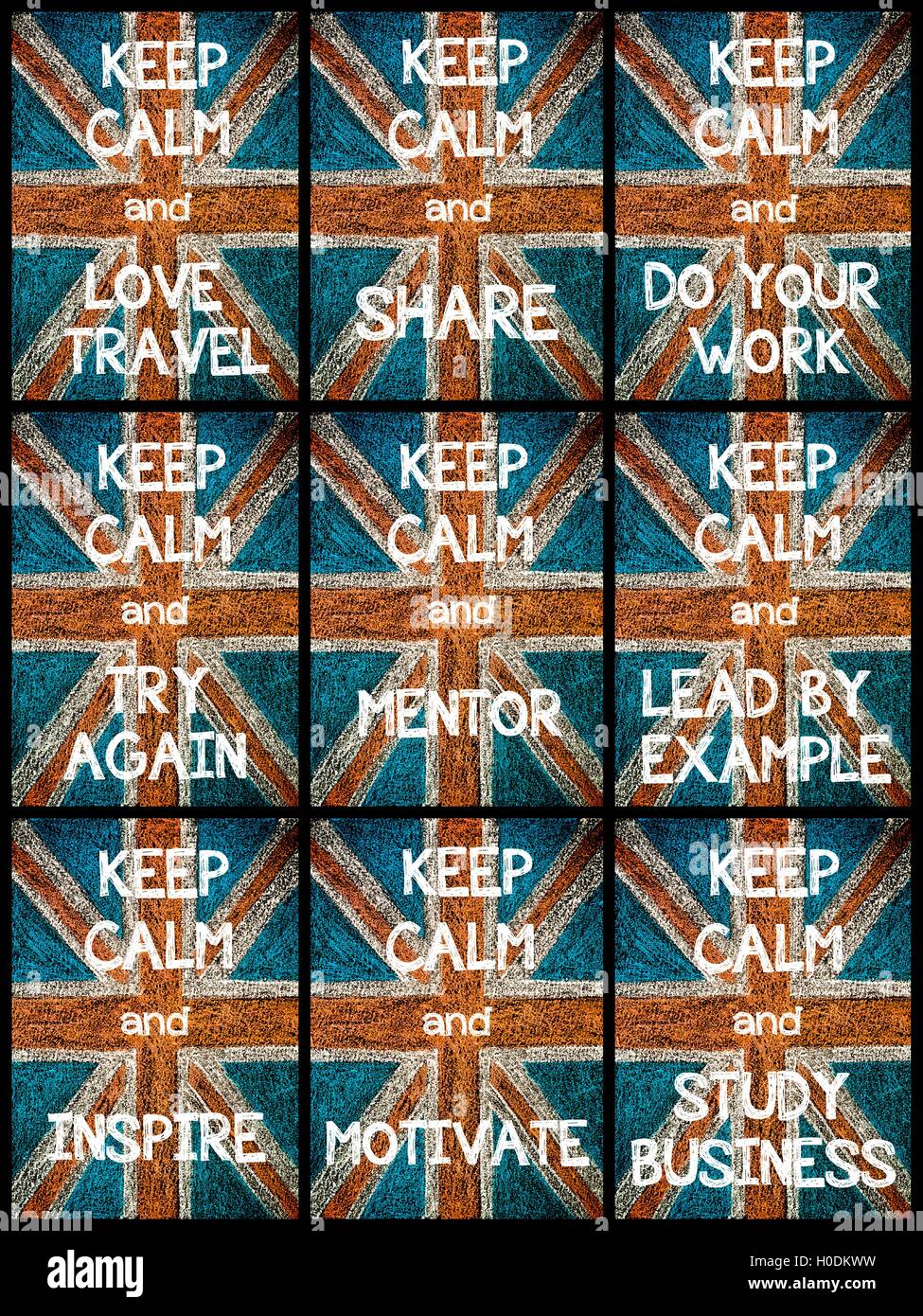 Photo collage of various Keep Calm Messages. United Kingdom flag ...
