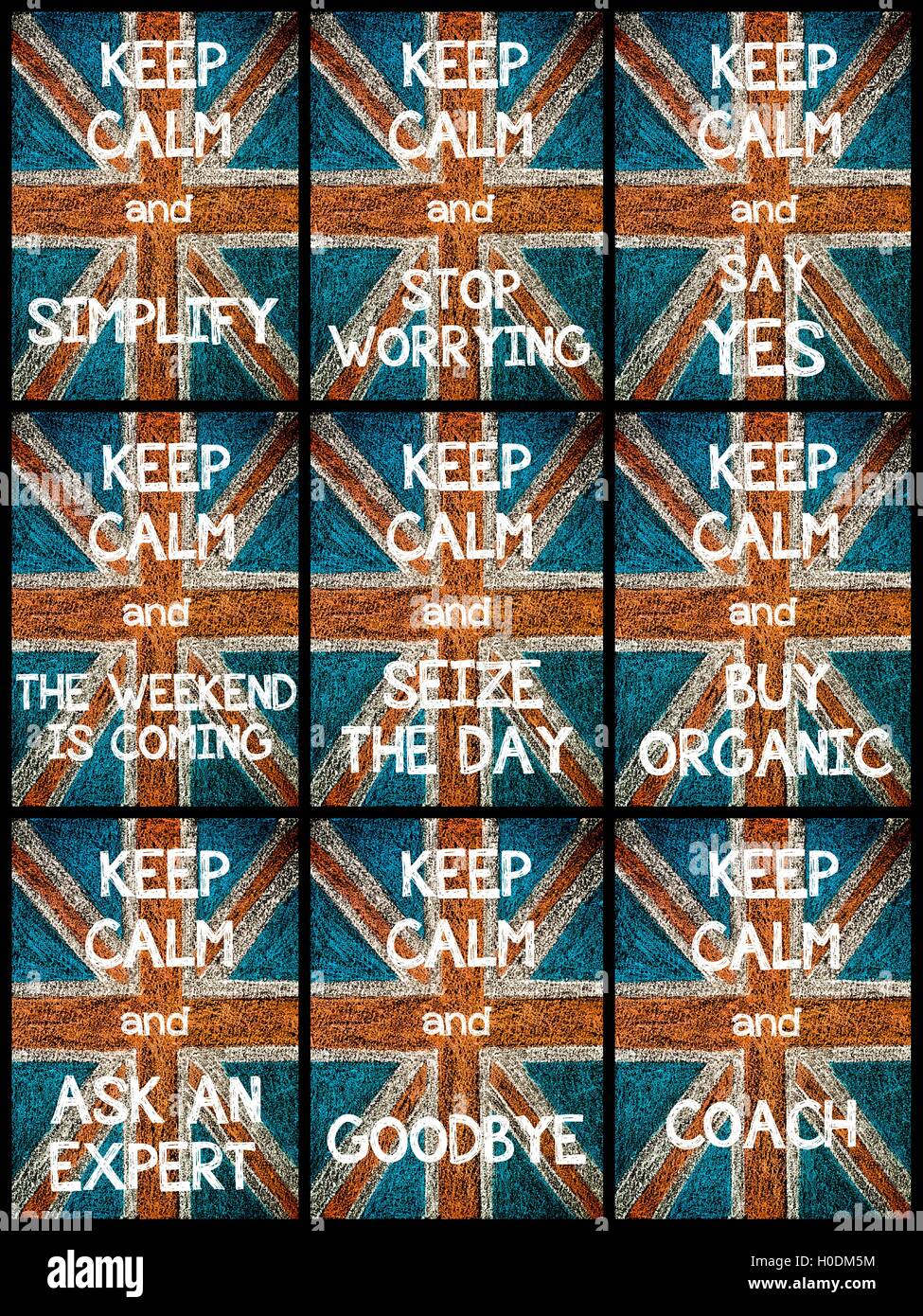 Photo collage of various Keep Calm Messages. United Kingdom flag ...