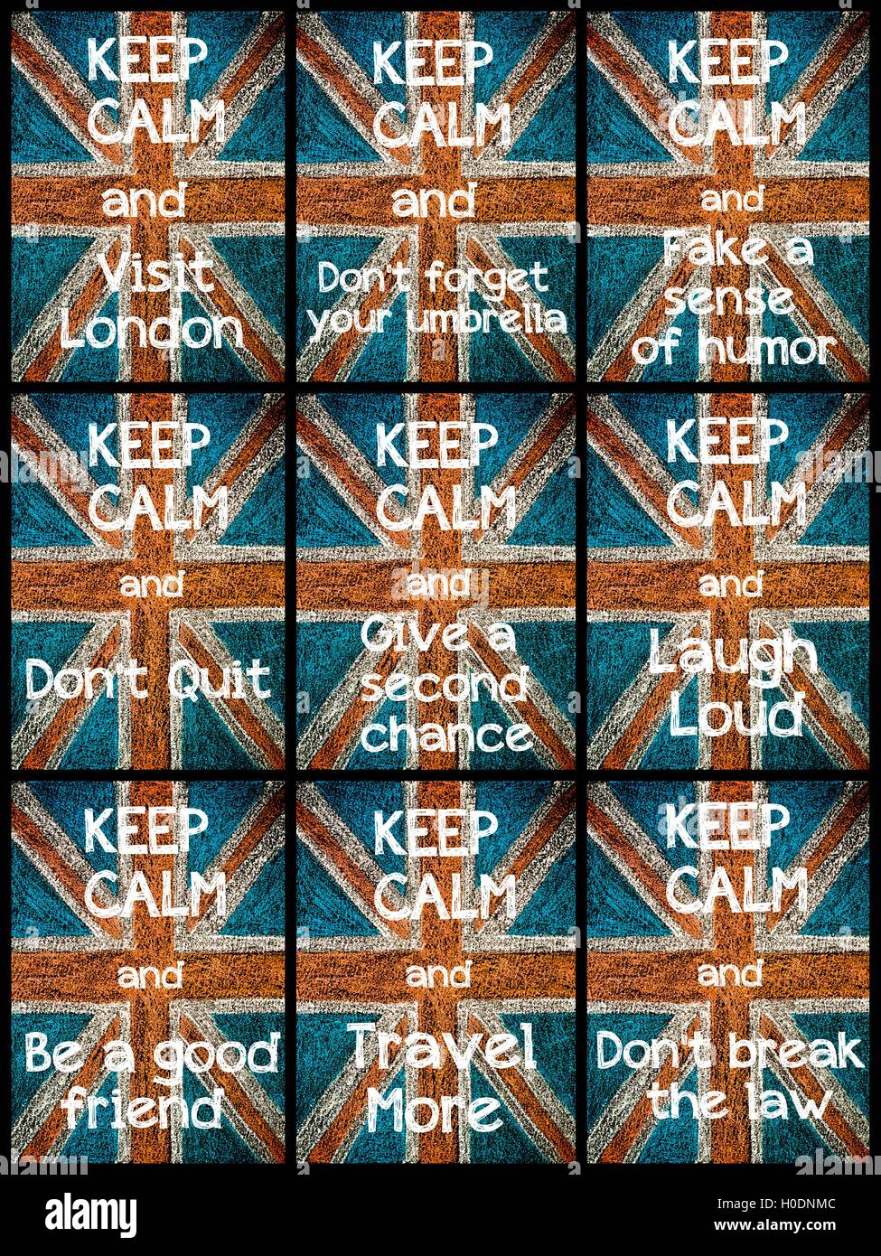 Photo collage of various Keep Calm Messages. United Kingdom flag ...