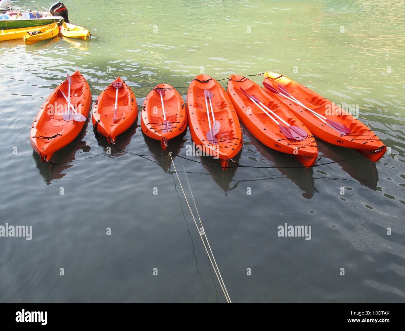 6 orange canoe with oars Stock Photo - Alamy