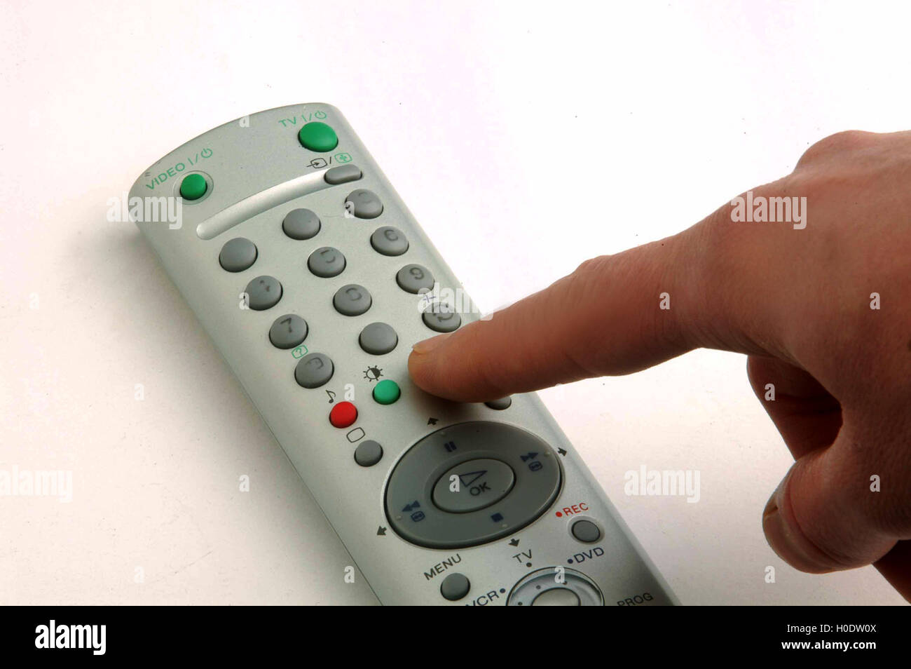 hand pressing button TV remote control Stock Photo - Alamy