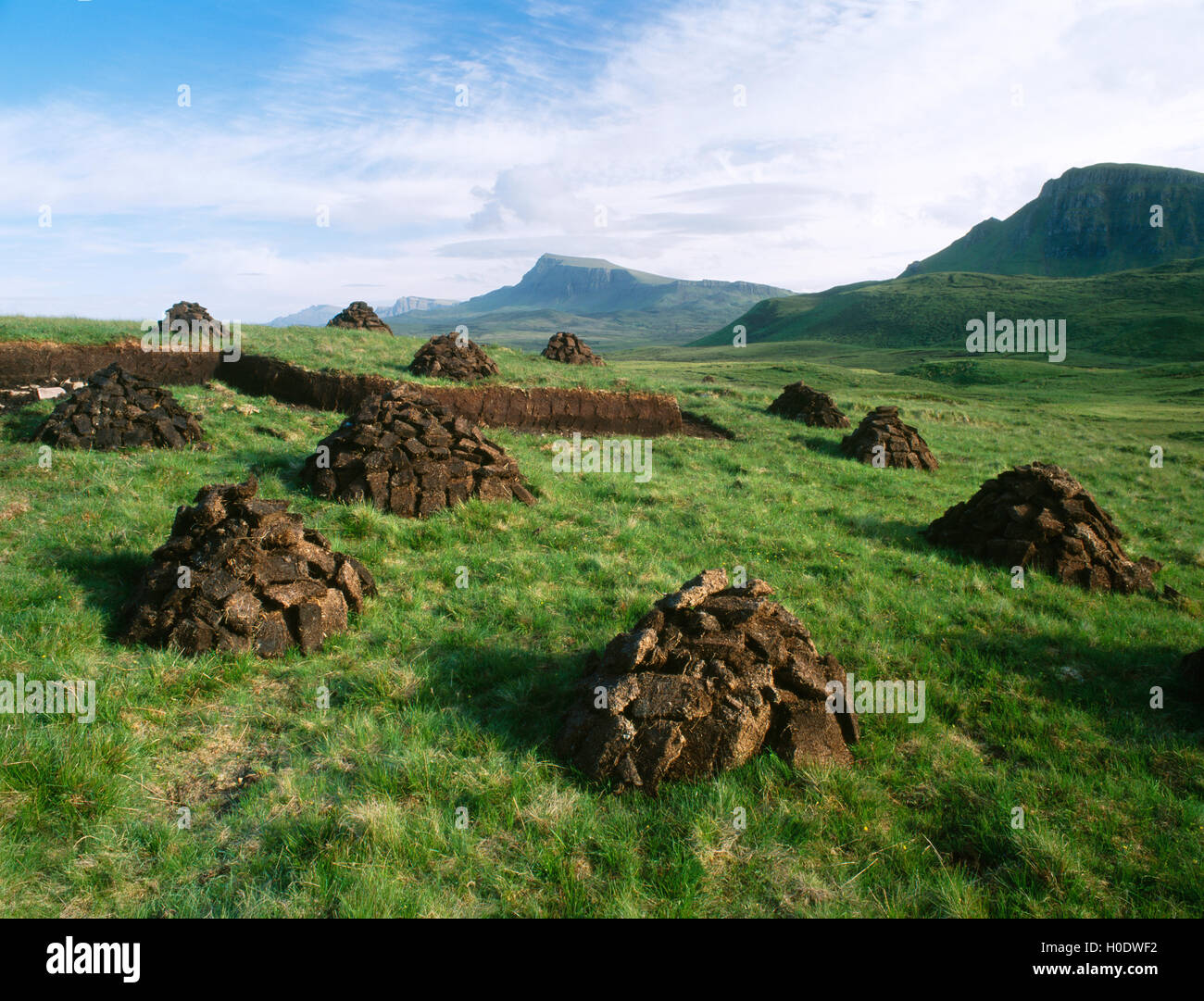 Peat cuttings and stacks from the Quiraing road between Staffin and Uig ...