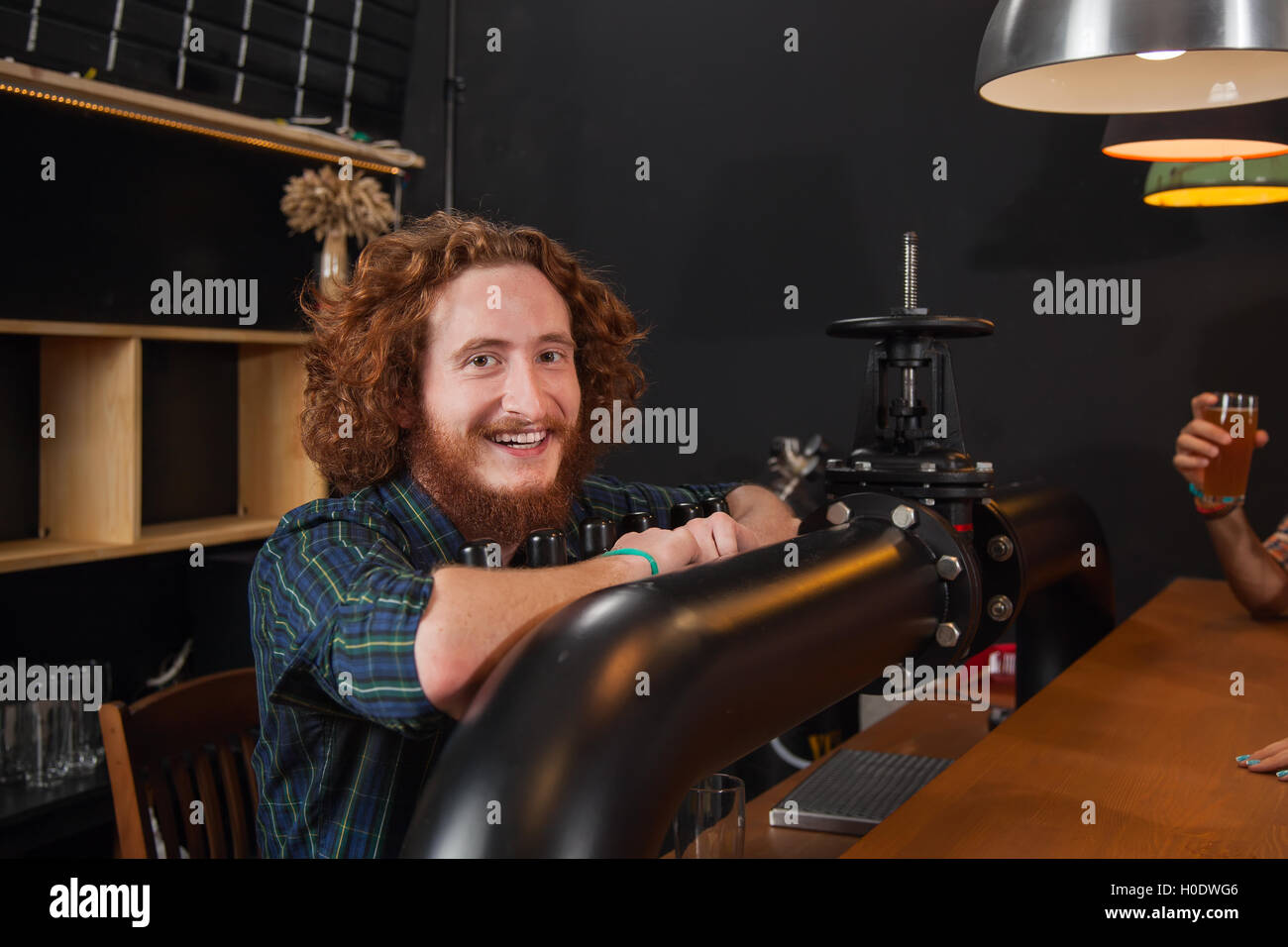 Happy Smiling Barman Stand At Counter, Bartender Waiting Order Serving ...