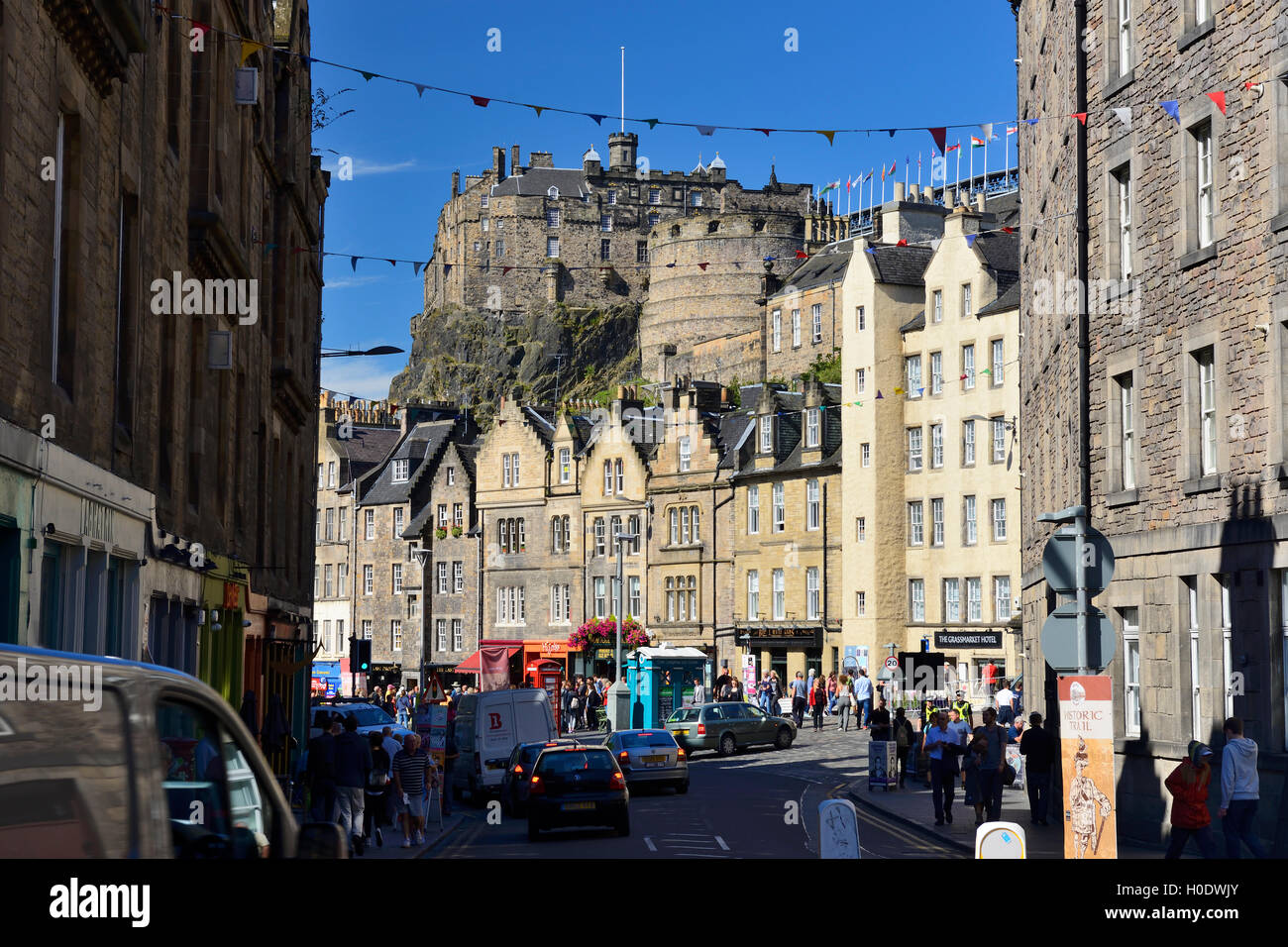 Edinburgh Castle from the bottom of Candlemaker Row in the Old Town of ...