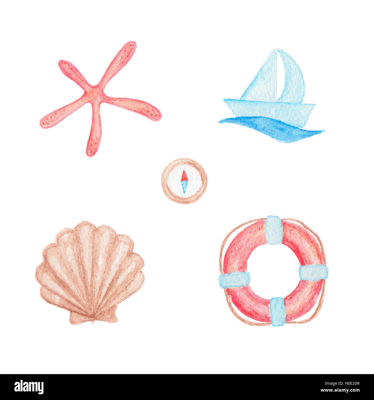 Boat and wave, clam shell, compass, lifebuoy and red starfish ...