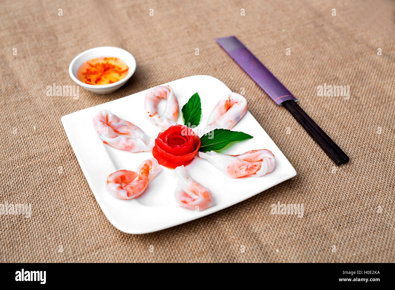 Vietnamese steamed thin rice pancake for fried shrimp rolls or banh uot ...