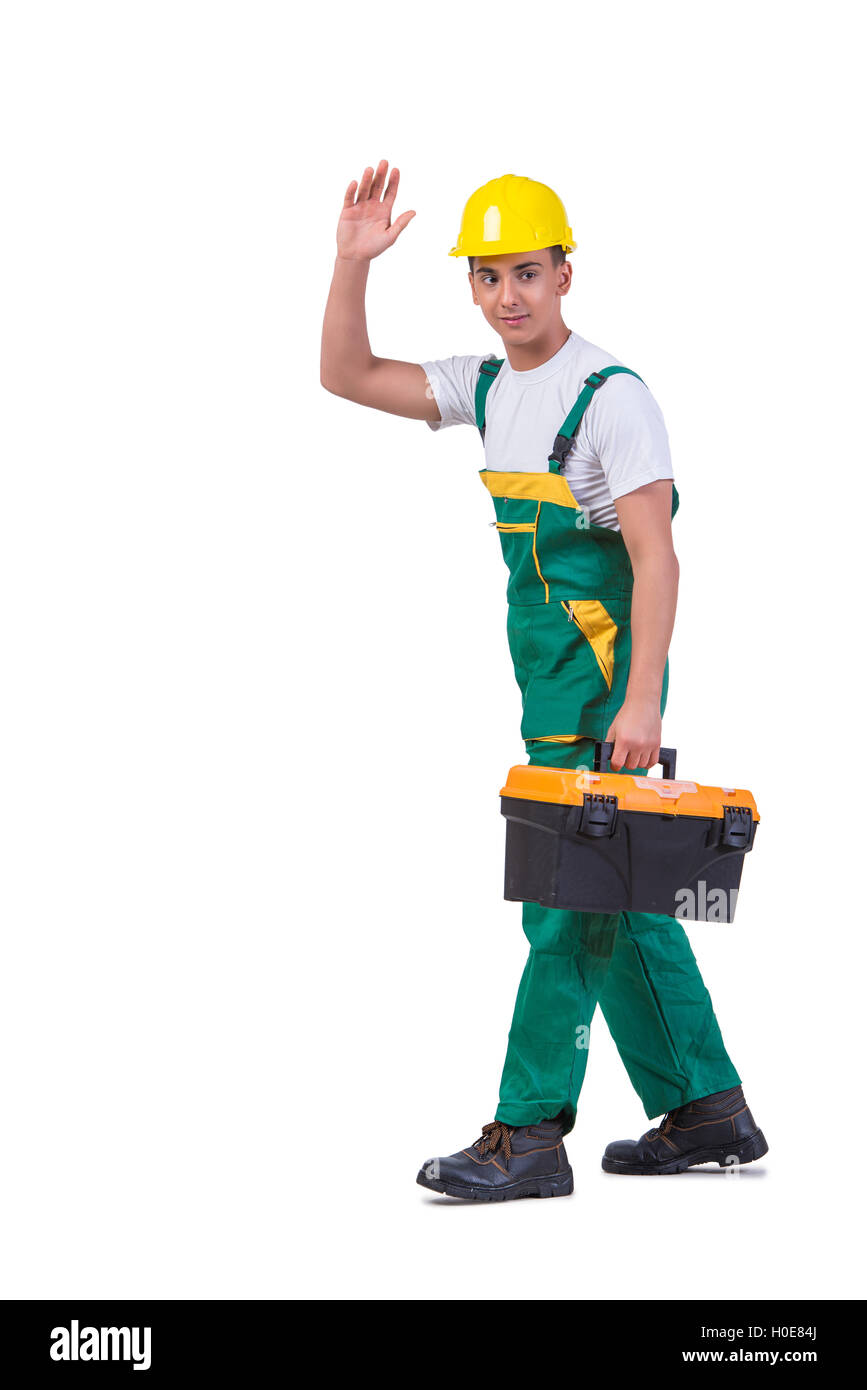 Young man with toolkit toolbox isolated on white Stock Photo - Alamy
