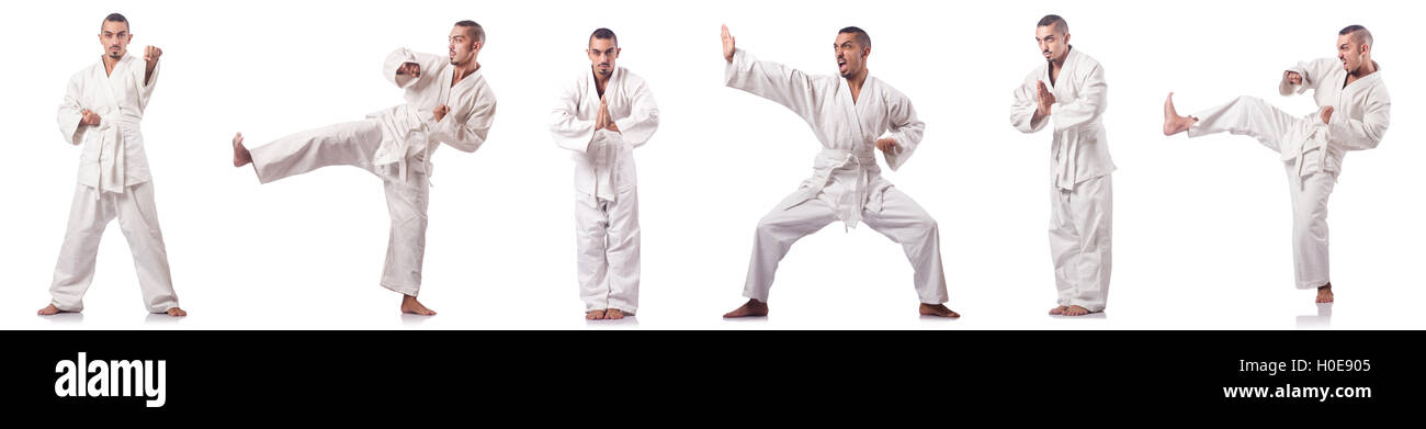 Collage of karate player in kimono isolated on white Stock Photo - Alamy