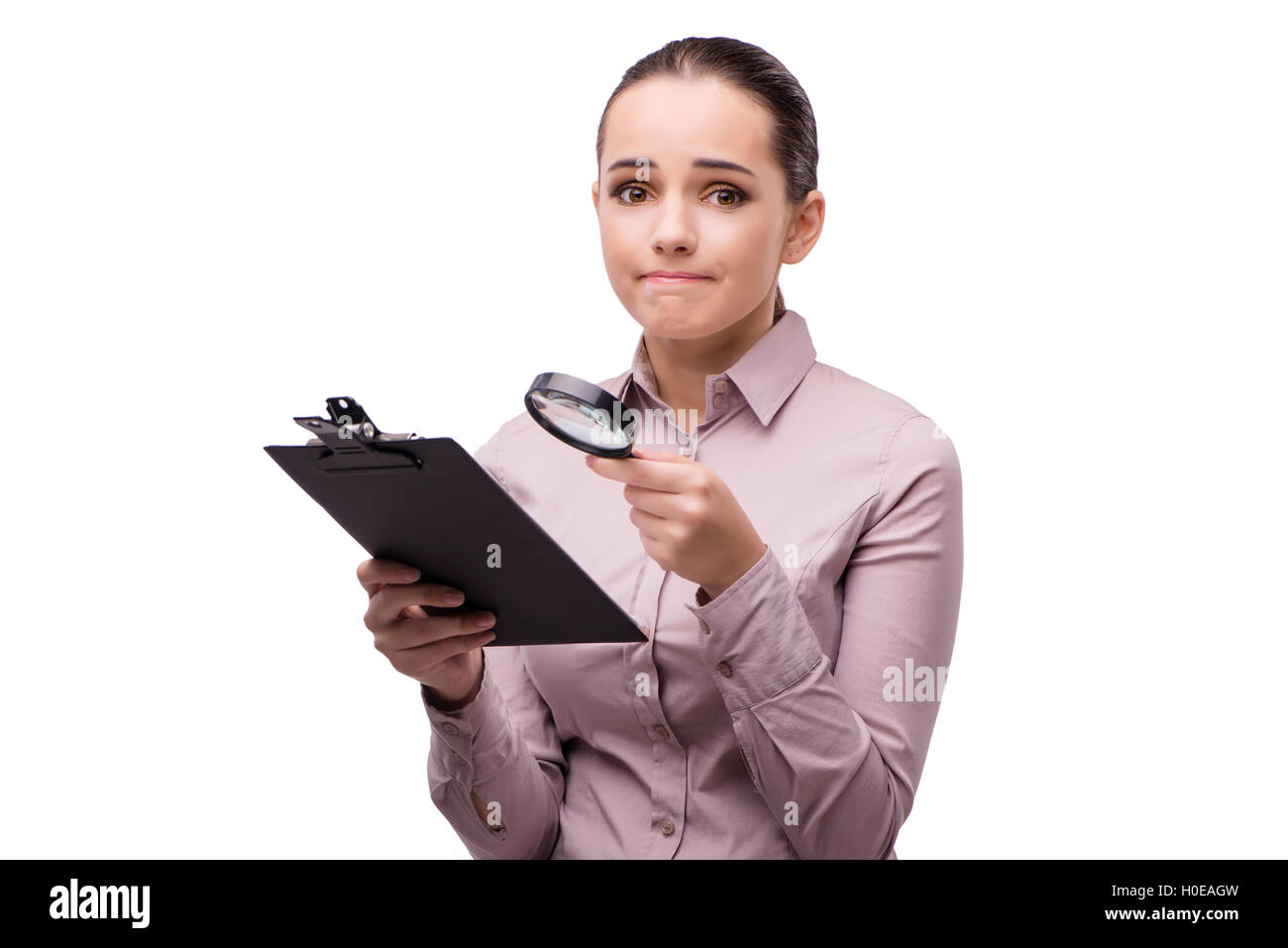 Young student with magnifying glass isolated on white Stock Photo - Alamy
