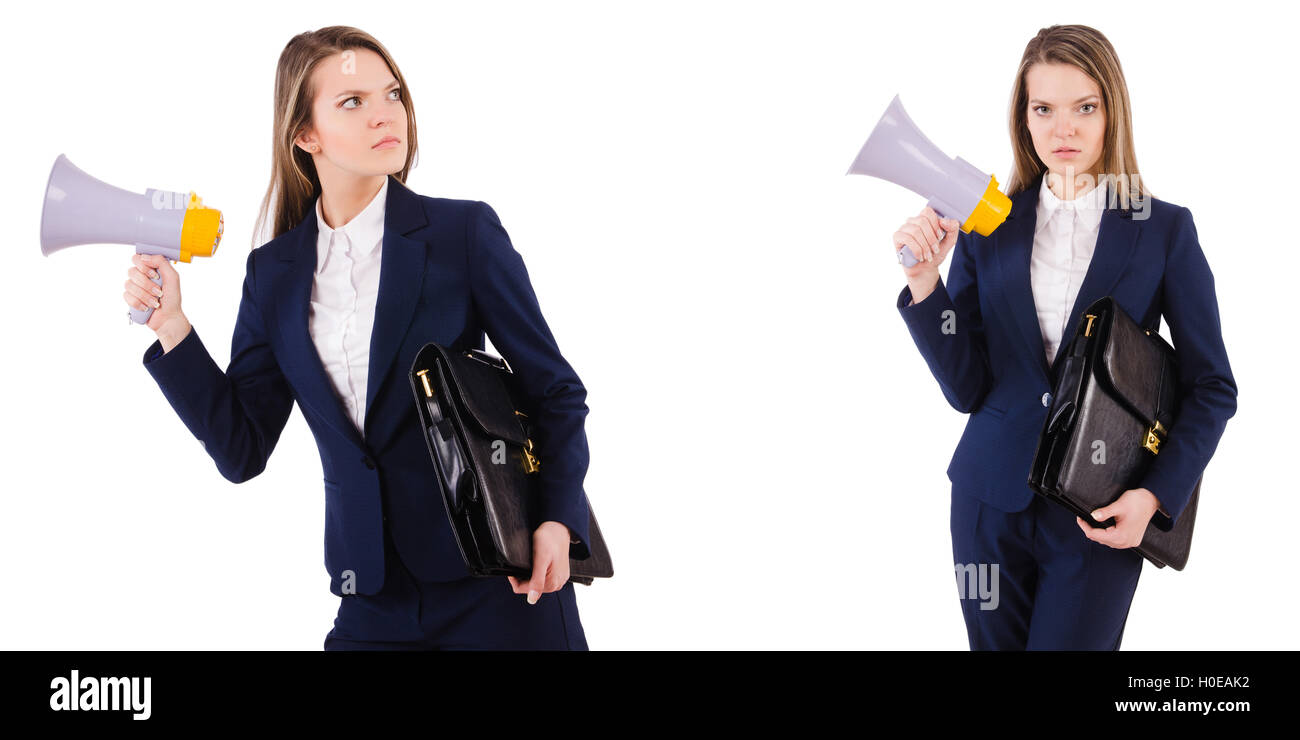 Businesswoman with loudspeaker isolated on white Stock Photo - Alamy