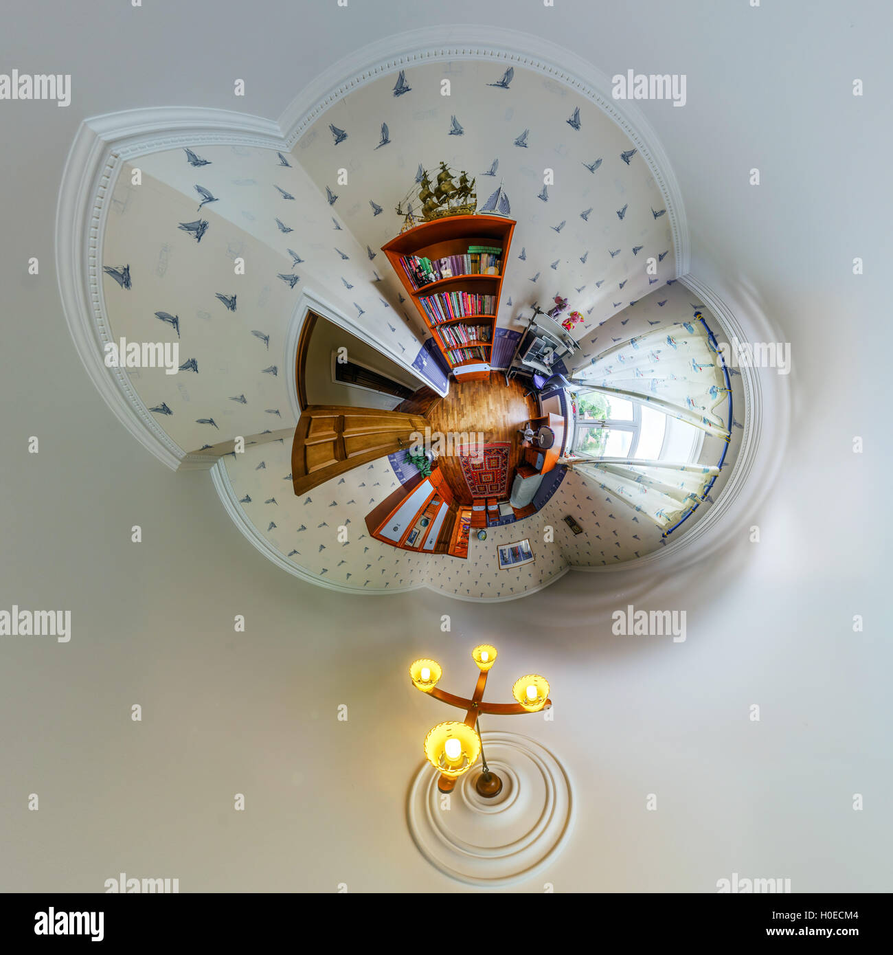 House interior in little planet view style, space distortion Stock ...