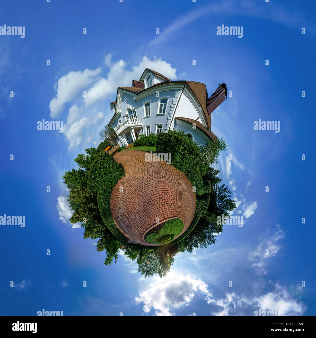 Little planet view of the beautiful house, distortion of space Stock ...