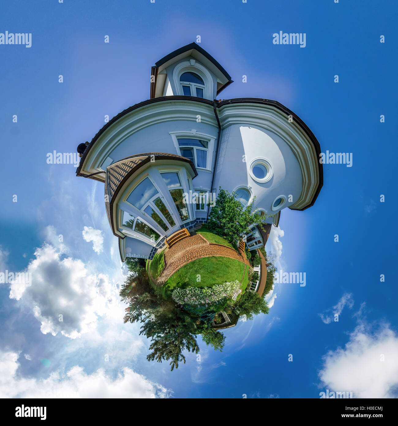 Little planet view of the beautiful house, distortion of space Stock ...