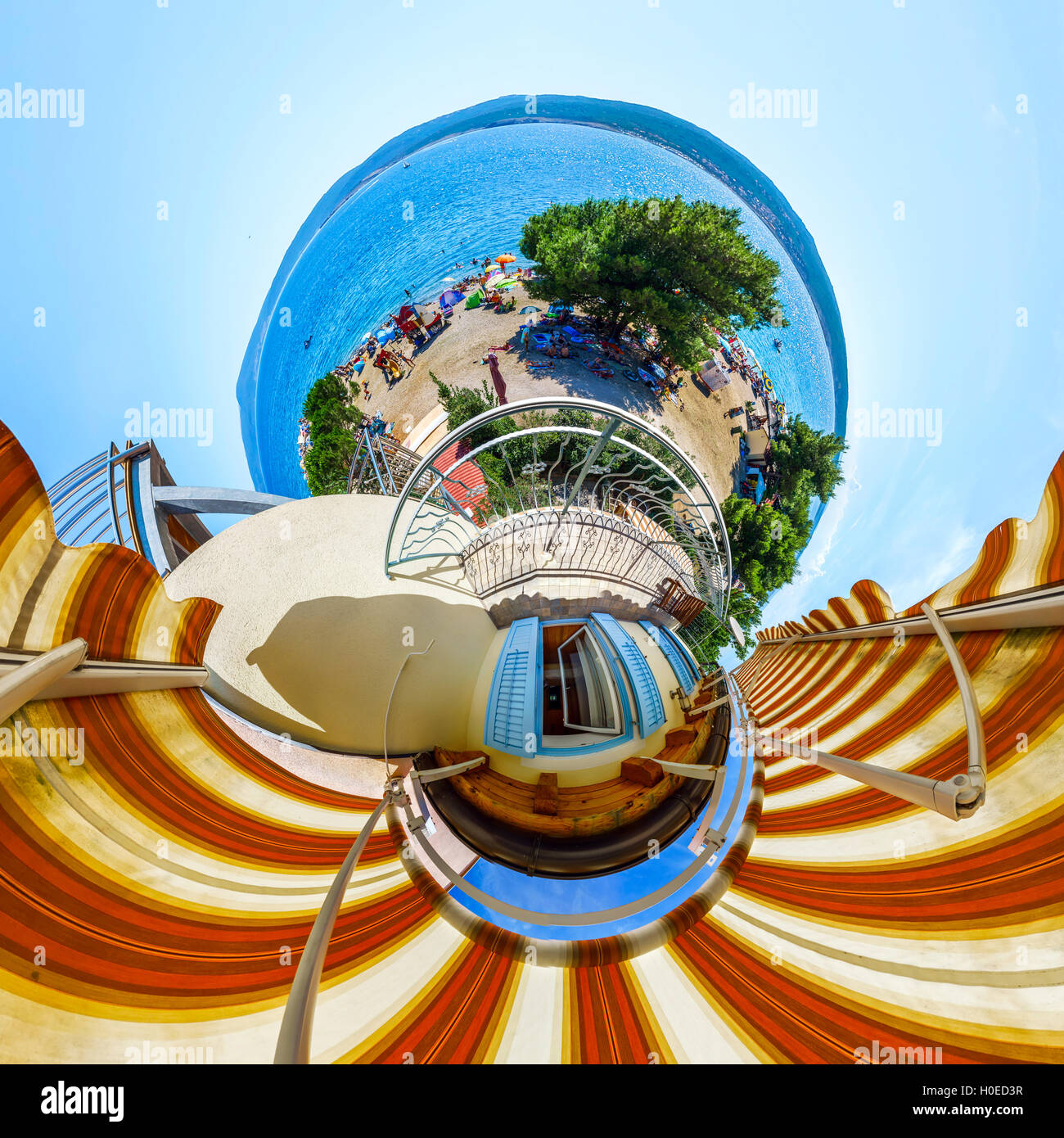 Little planet view from the balcony over the beach, seaside Stock Photo ...