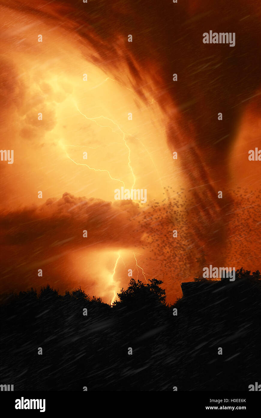night of fire with tornado and rain Stock Photo - Alamy