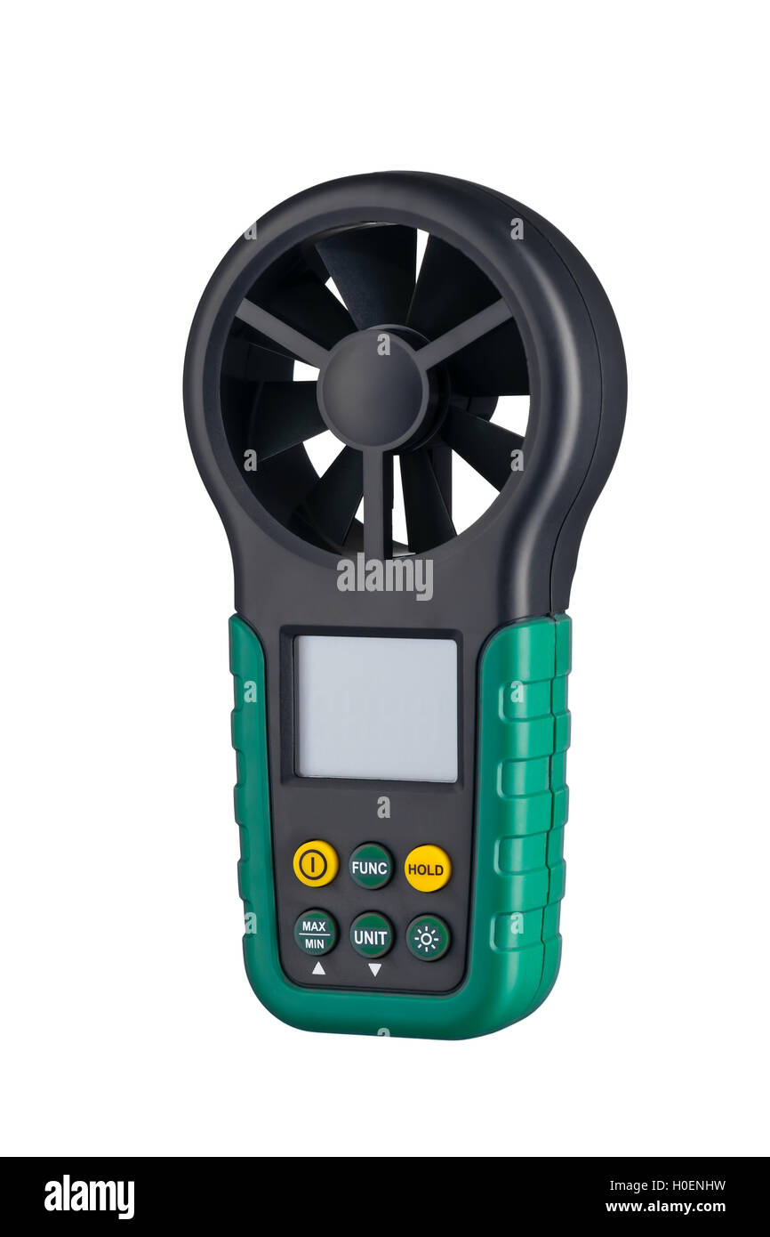 Digital handheld anemometer 3/4 view isolated on white background Stock ...