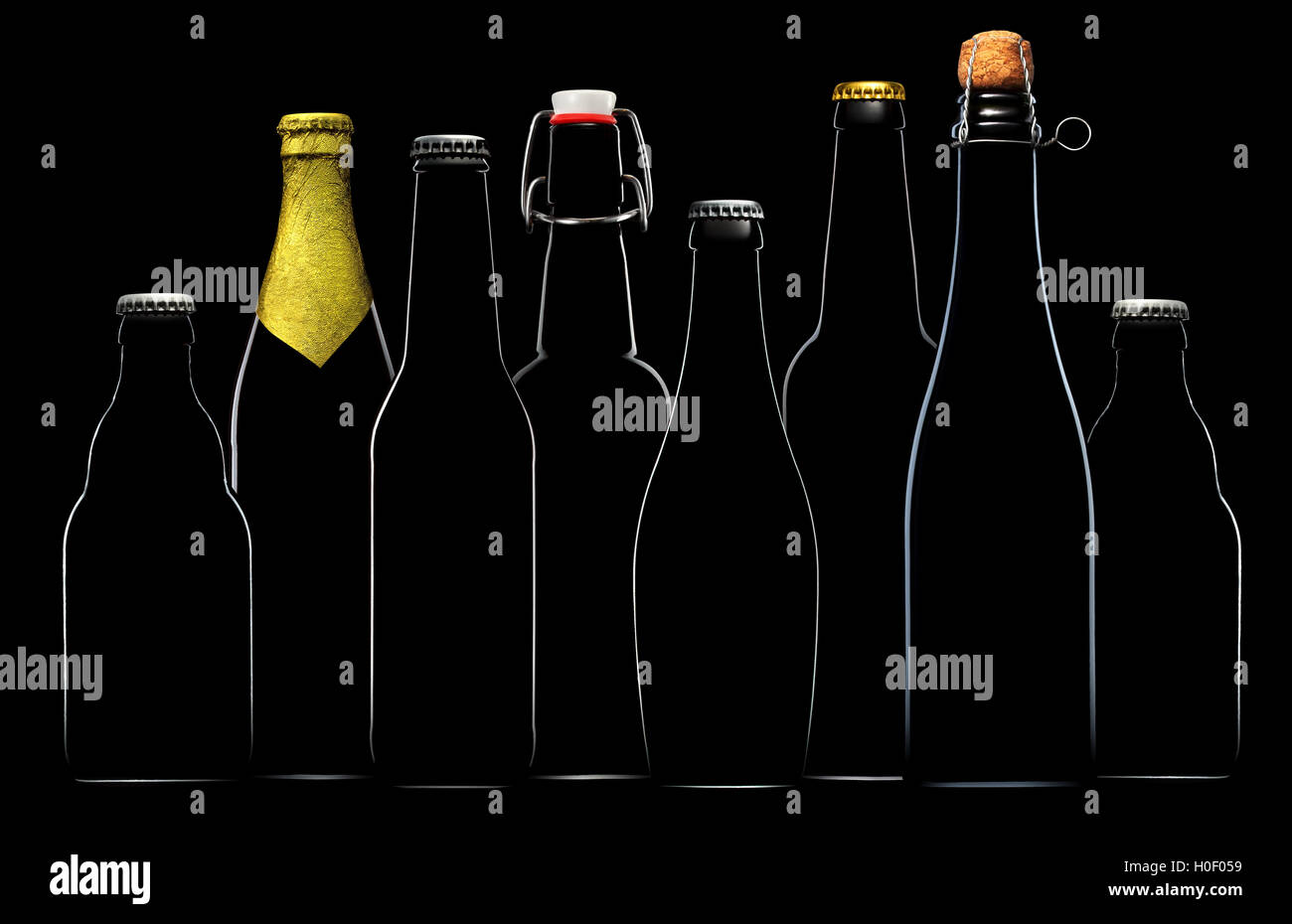 Set of beer bottles isolated on black background Stock Photo - Alamy