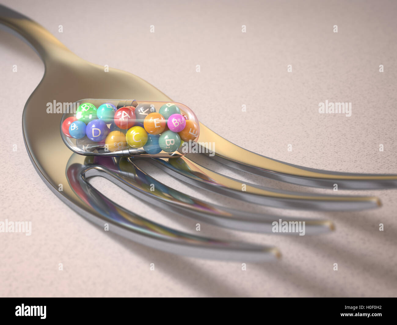 3D illustration. Multivitamin tablet upon a fork. Clipping path on the ...