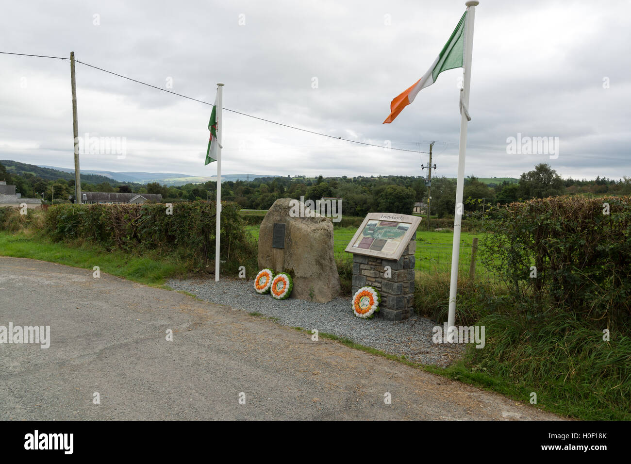 Memorial plaque and wreaths at the site of the former Irish internment ...