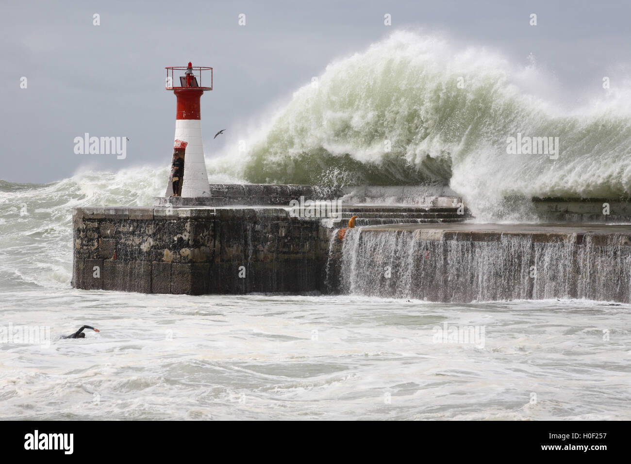 Huge wave breaking over the breakwater at Kalk Bay harbour with a ...