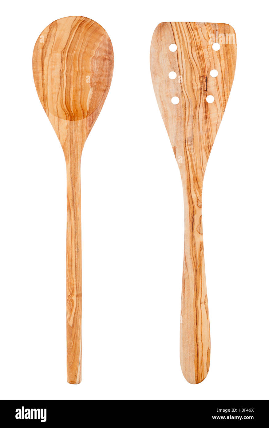 Spoon and spatula made of olive wood isolated on white Stock Photo - Alamy
