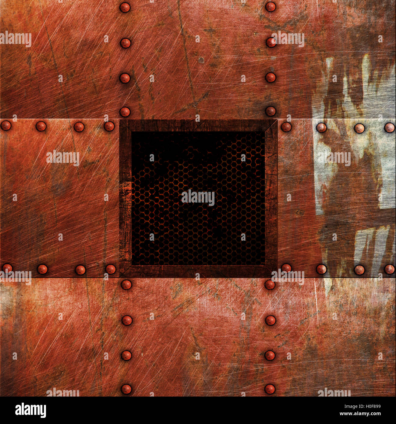 grunge metal plate and grid window. 3d illustration. background and ...