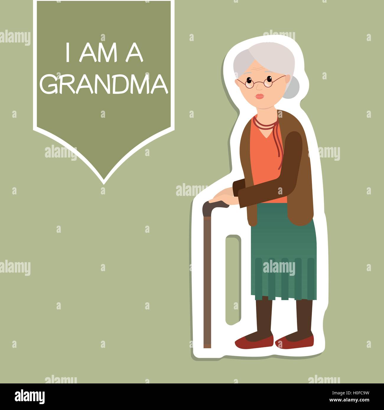 Grandma Standing Full Length With Walking Stick Smiling Stock Vector