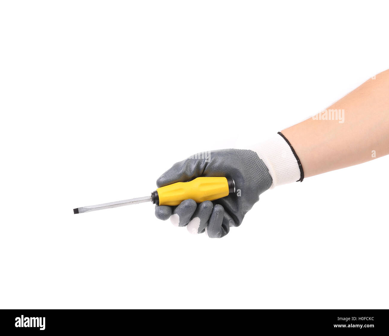 Hand in glove holding screwdriver Stock Photo - Alamy