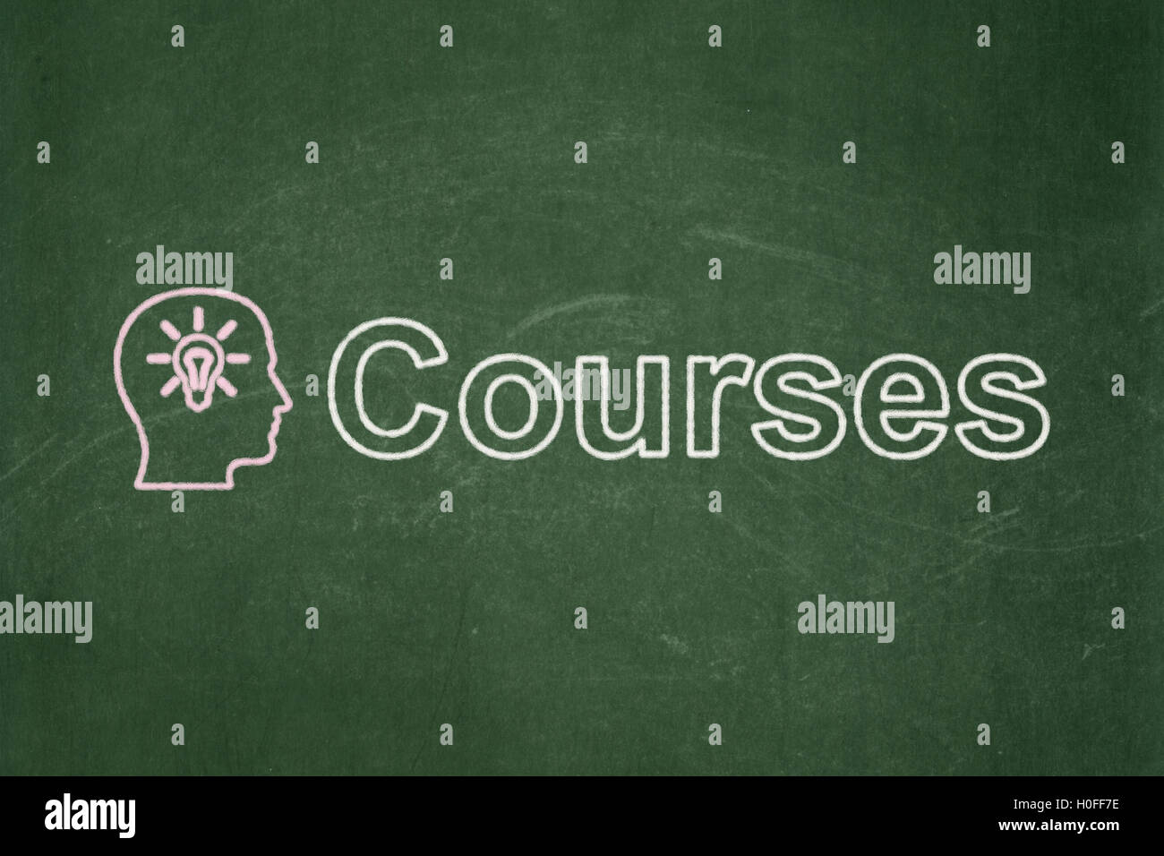Education concept: Head With Light Bulb and Courses on chalkboard ...