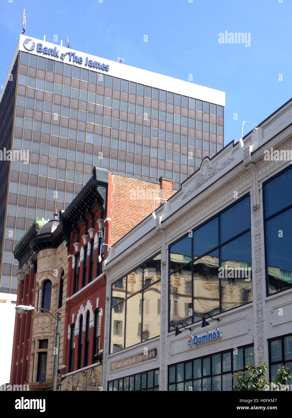 Lynchburg, Virginia, USA. Old buildings on Main Street and the new Bank ...