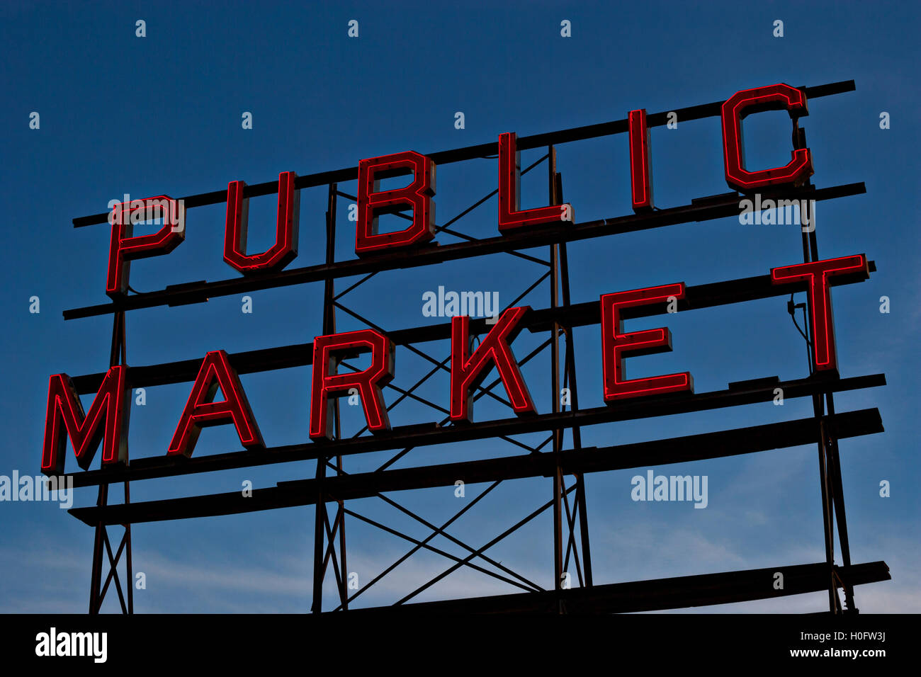 Neon sign for the Pike Place Public Market at twilight in Seattle ...