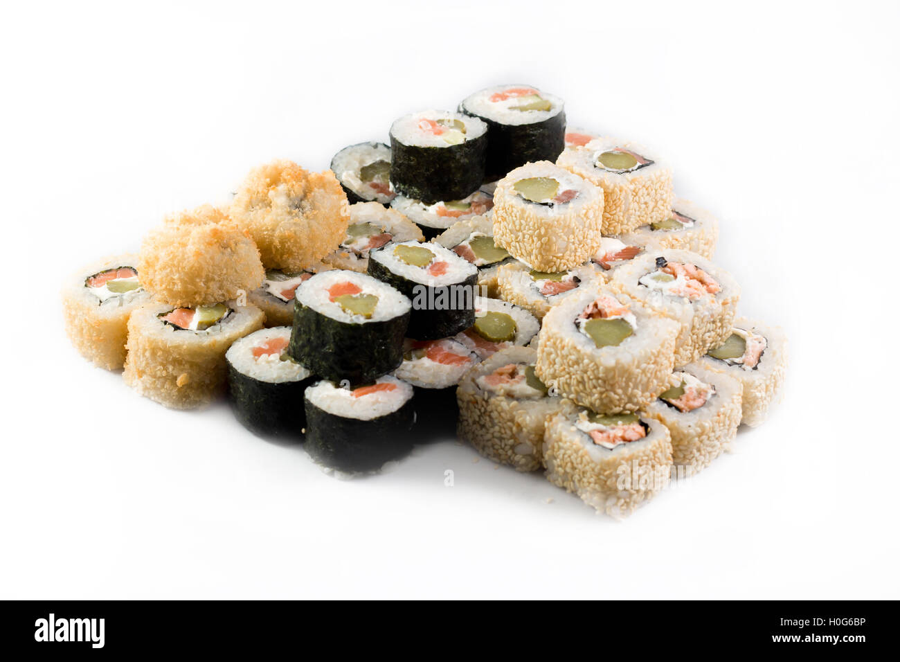 Fried seafood sushi kimbap on white background Stock Photo - Alamy