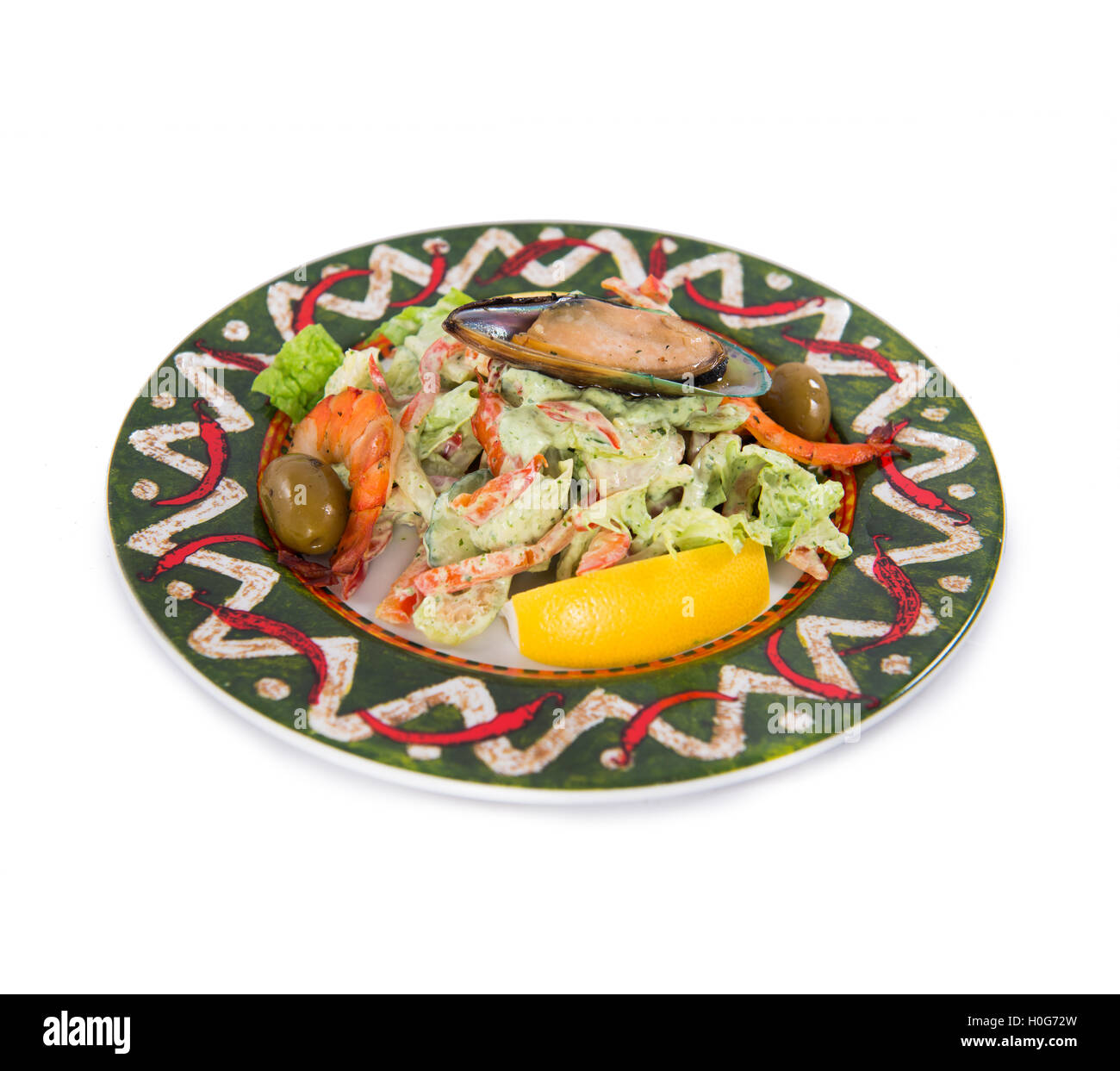 Mexican style of salads with fish, seafood, shrimp, lemon clams and ...