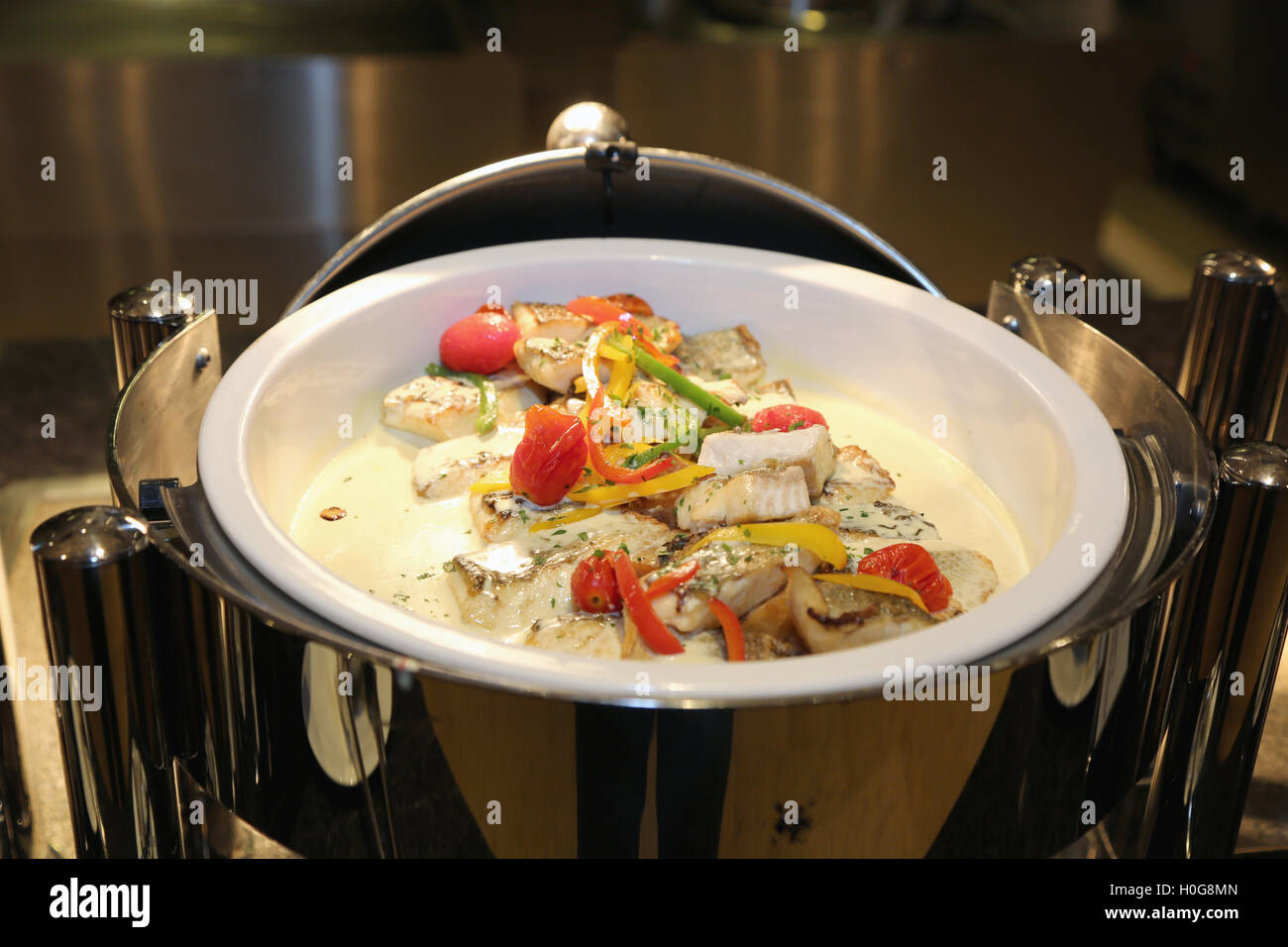 Seafood buffet in stew with tuna bonito, mushroom, chili and tomatoes ...