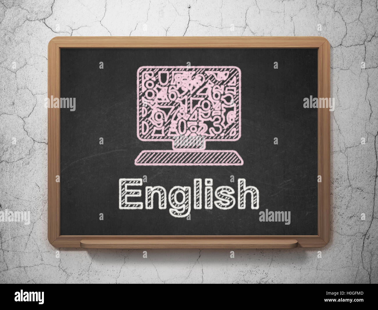 Education concept: Computer Pc and English on chalkboard background ...