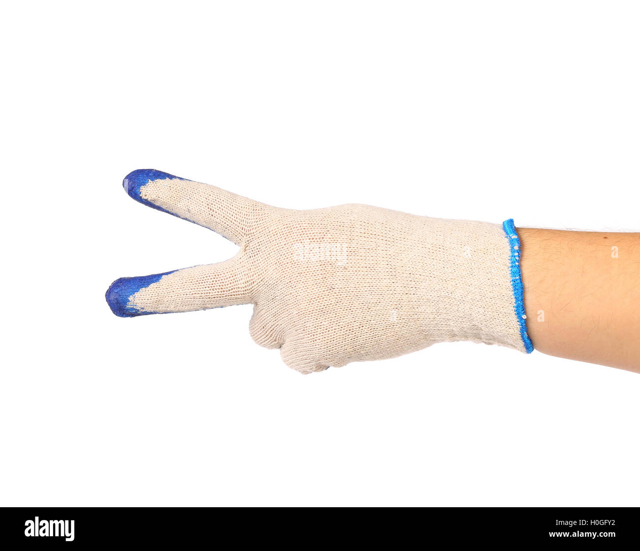 Hand shows two in rubber protective glove Stock Photo - Alamy