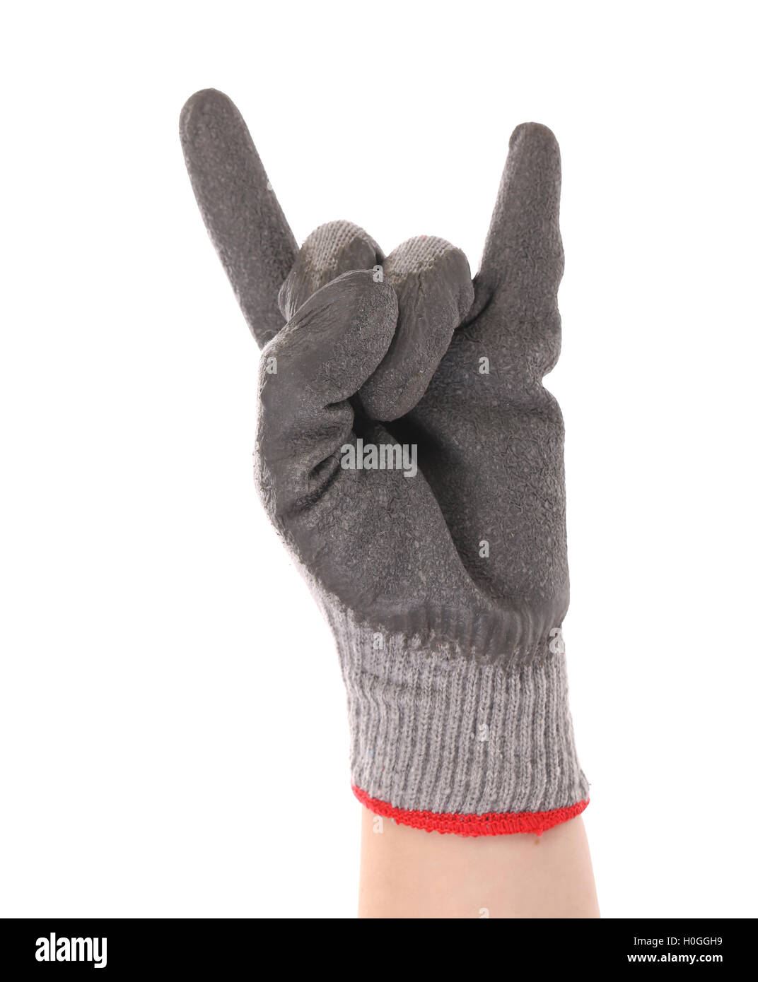 Hand shows rock sign in rubber glove Stock Photo - Alamy