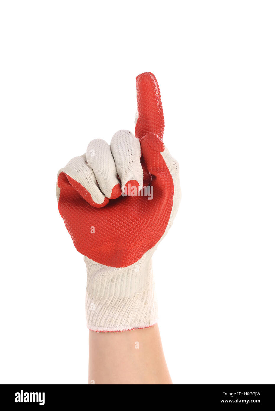 Hand in glove point with finger Stock Photo - Alamy