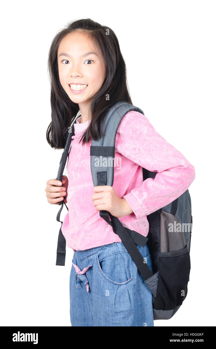 Smiling student woman standing with backpack Stock Photo - Alamy