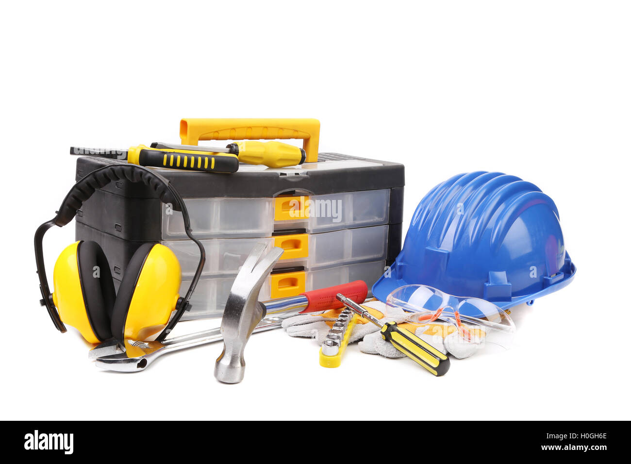Plastic workbox with assorted tools Stock Photo - Alamy