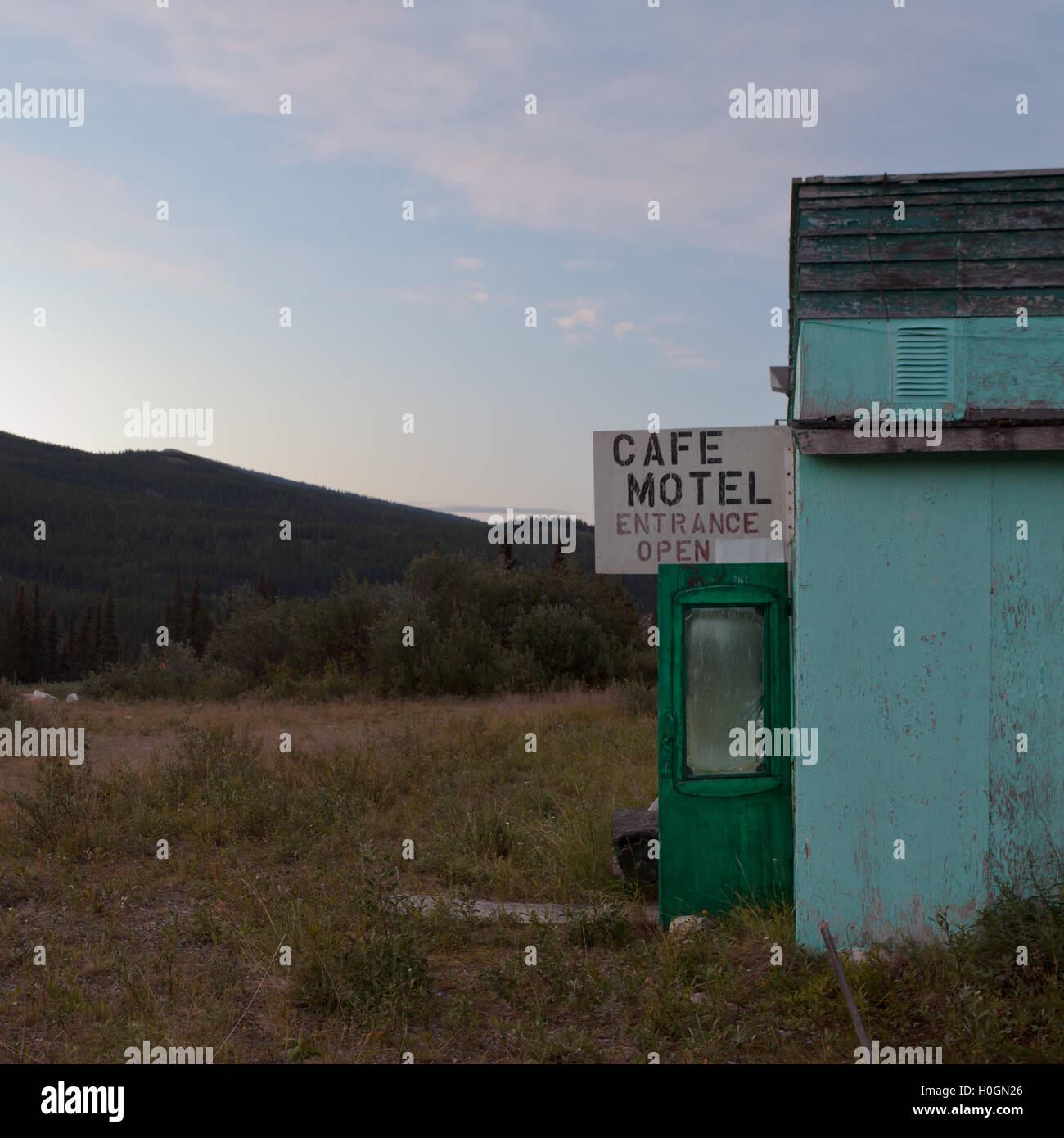Cafe motel ruin structure front door wide open Stock Photo - Alamy