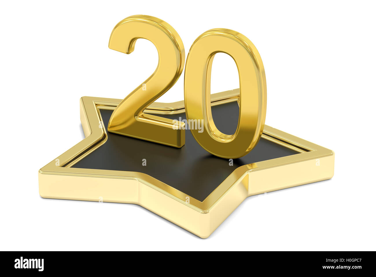 golden number 20 on star podium, award concept. 3D rendering isolated ...