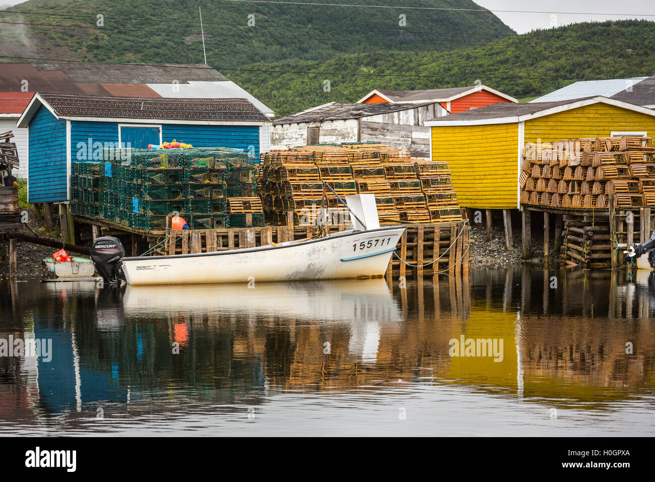 The fishing village and harbour with fishing stages and fishing boats ...