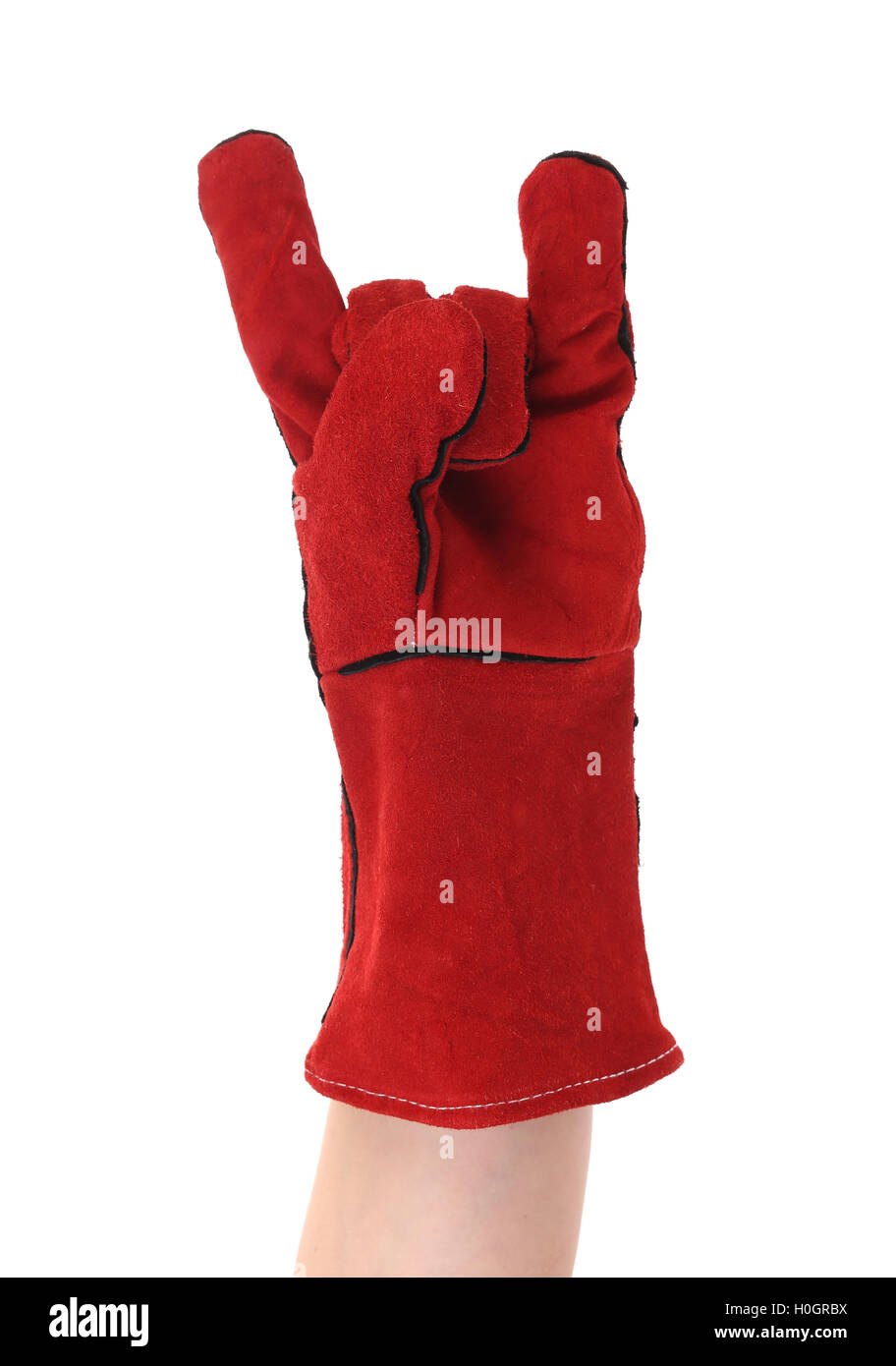 Hand shows rock sign in rubber glove Stock Photo - Alamy