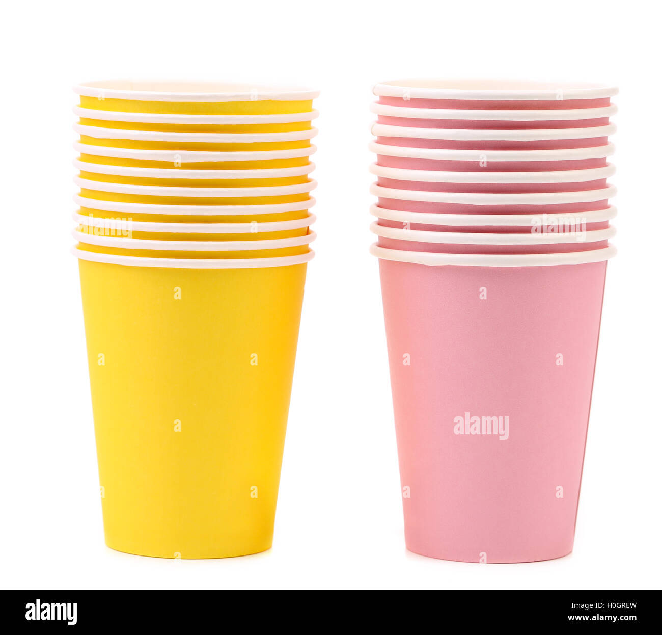 Two yellow and pink stacks of paper cups Stock Photo - Alamy