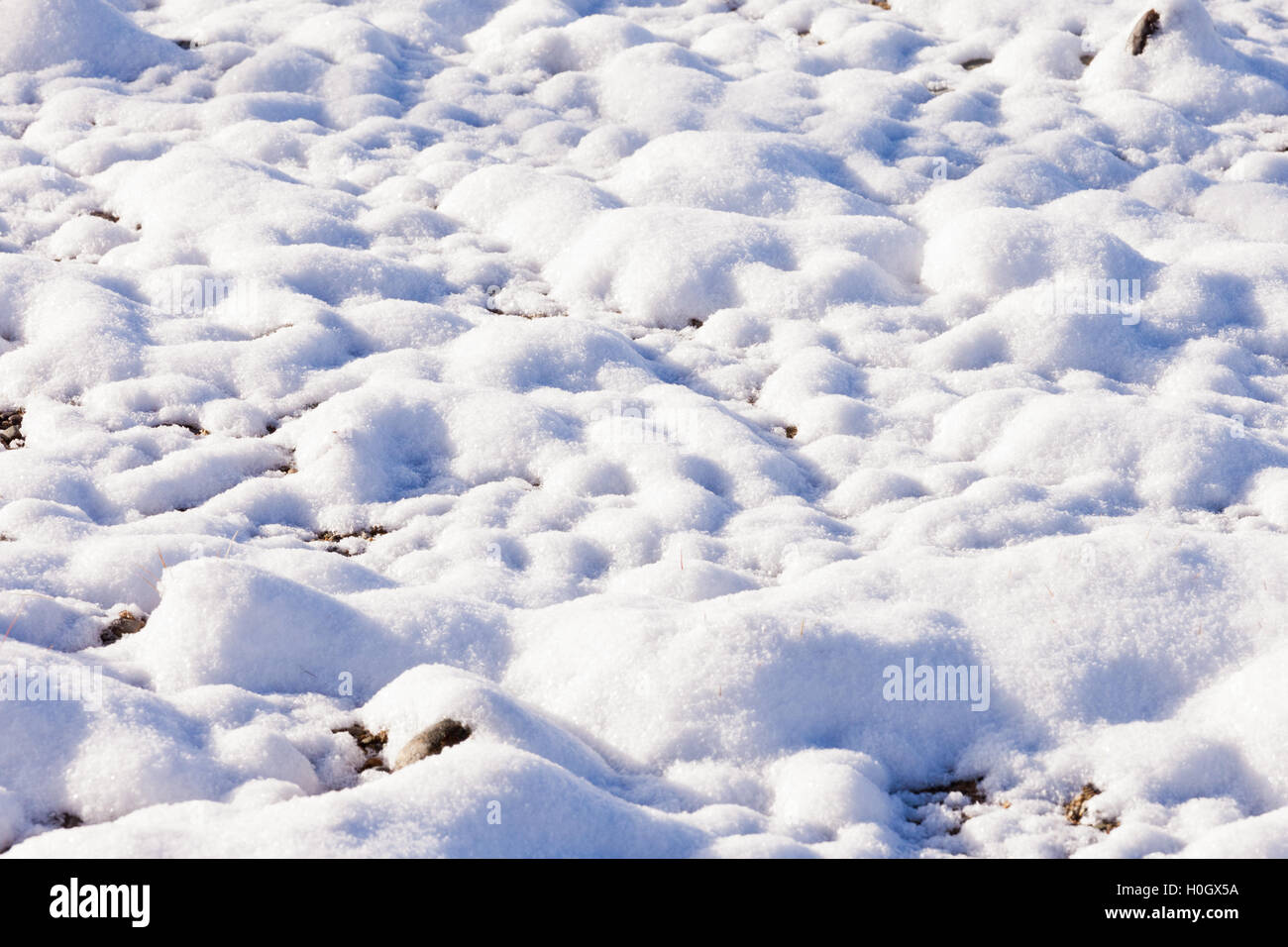 Thawing fresh snow covers cobble stone gravel Stock Photo - Alamy