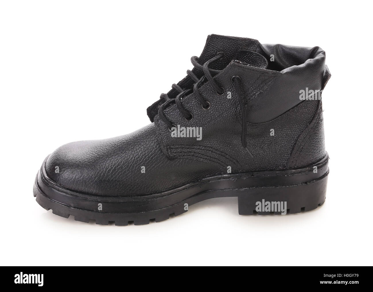 Side view of black leather boot Stock Photo - Alamy