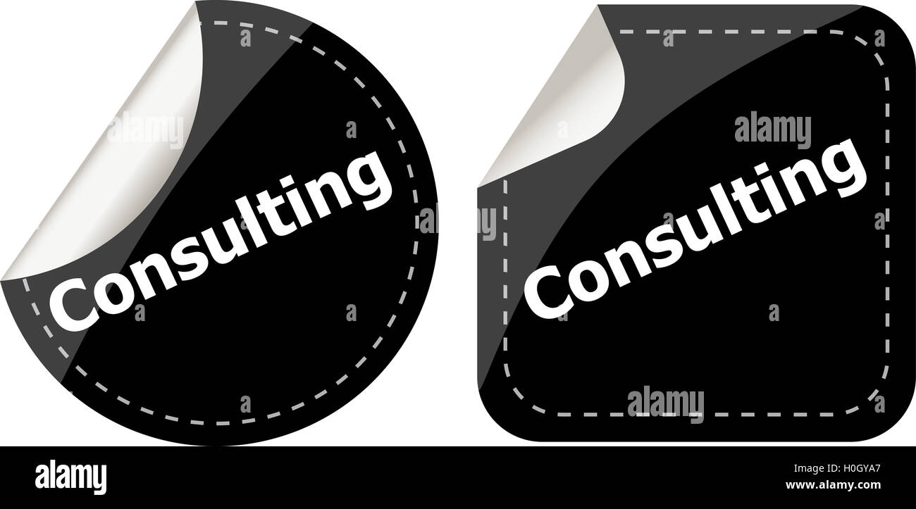 consulting word on black stickers button set, label, business concept ...